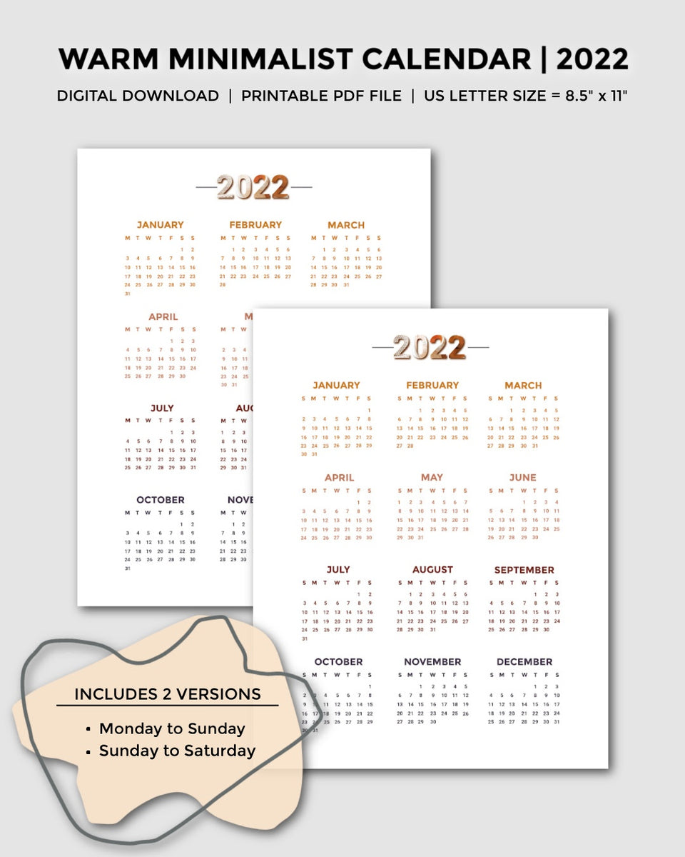 2022 Warm Minimalist Yearly Calendar [2-Page Printable] – A TO ZEN LIFE ...