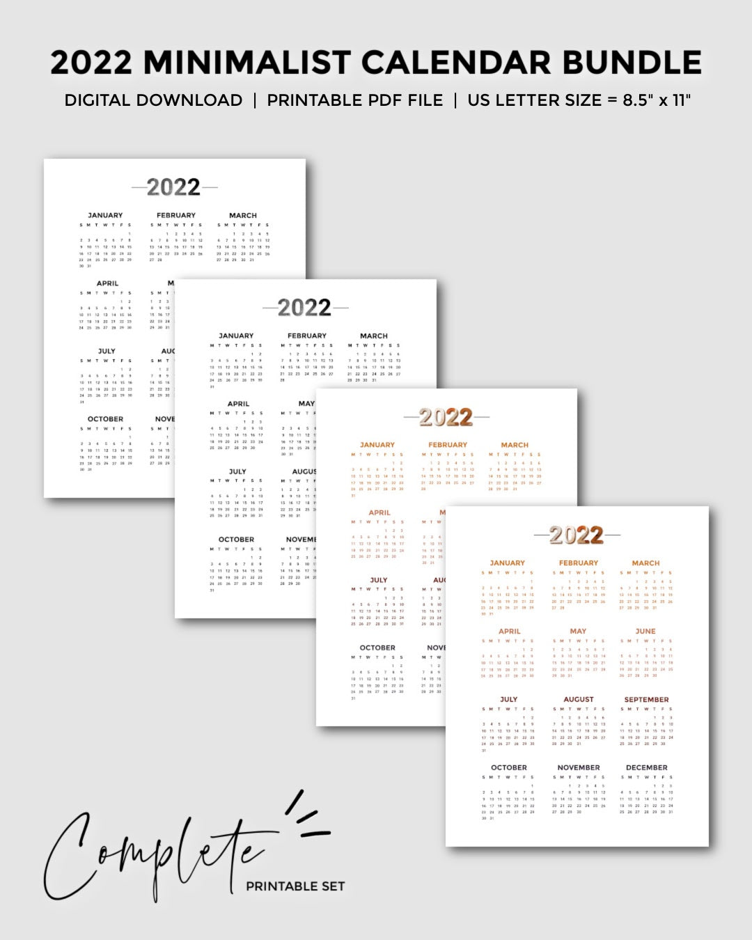 2022 Minimalist Yearly Calendar Bundle [4-Page Printable] – A TO ZEN ...